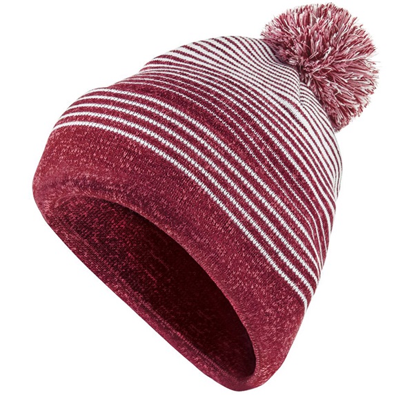 Triple Color Pom-Pom, Constant Rib-Knit Beanie (Maroon/White)