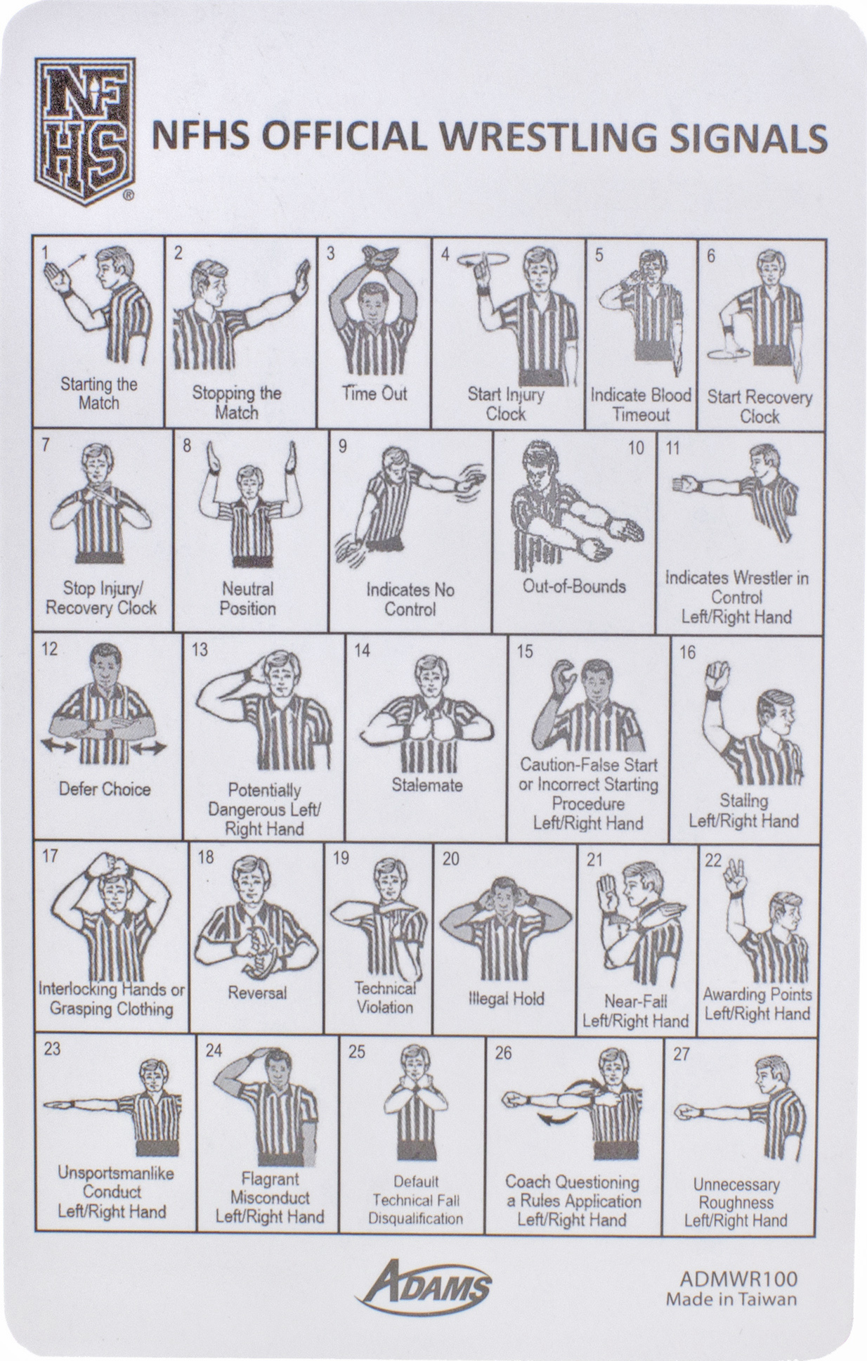 E134293 Adams NFHS & NCAA Wrestling Officials Signal Card