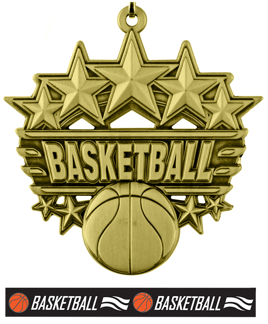 E142965 Epic 2 3/8" Arched Stars Basketball Award Medal & Ribbon