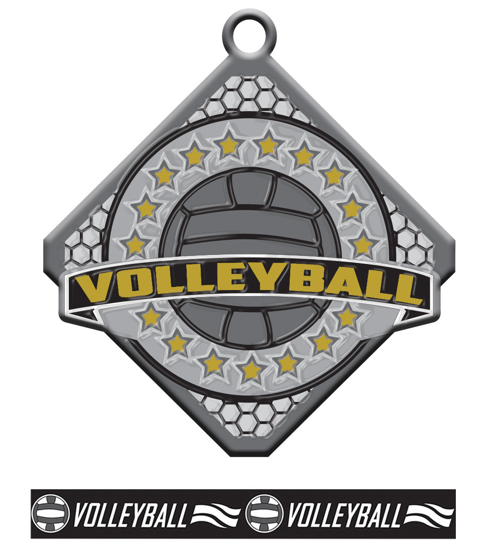 E171666 Epic 2.75" Circle Diamond Antique Volleyball Award Medal & Ribbon