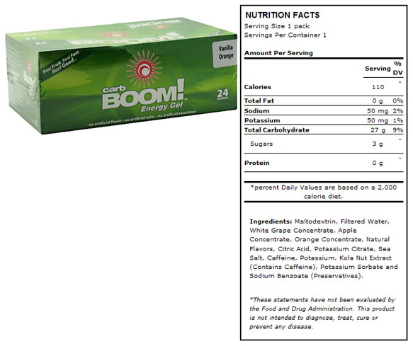 Carb Boom Energy Gel - Vanilla Orange 24pk - Soccer Equipment and Gear