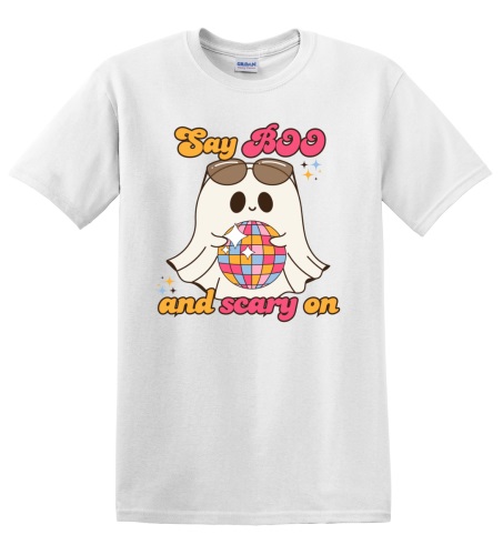 Epic Adult/Youth Say Boo Scary On Cute Disco Ghost Cotton Graphic T ...