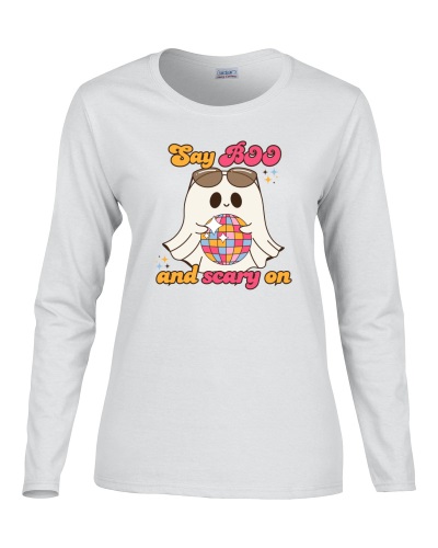 Epic Ladies Say Boo Scary On Cute Disco Ghost Long Sleeve Graphic T ...