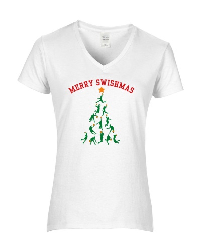 Epic Ladies Merry Swishmas Basketball Christmas Tree V-Neck Graphic T ...