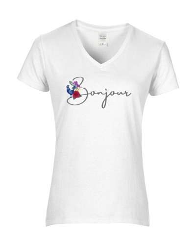 Epic Ladies Bonjour French Greeting Flowers Bird V-Neck Graphic T ...