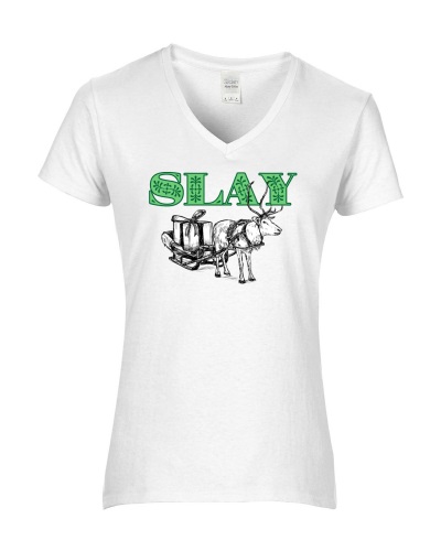 Epic Ladies Slay All Day Reindeer Sleigh Christmas V-Neck Graphic T ...
