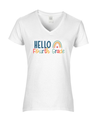 Epic Ladies Hello Fourth Grade Back to School V-Neck Graphic T-Shirts - Soccer Equipment and Gear