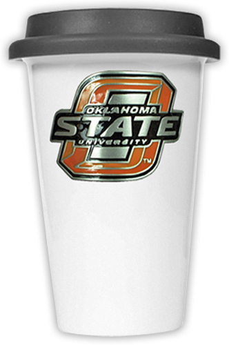 E47414 NCAA Oklahoma State Ceramic Cup w/Black Lid