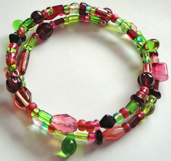 Pink/Lime/Red Glass Bead Memory Wire Bracelet - Soccer Equipment and Gear
