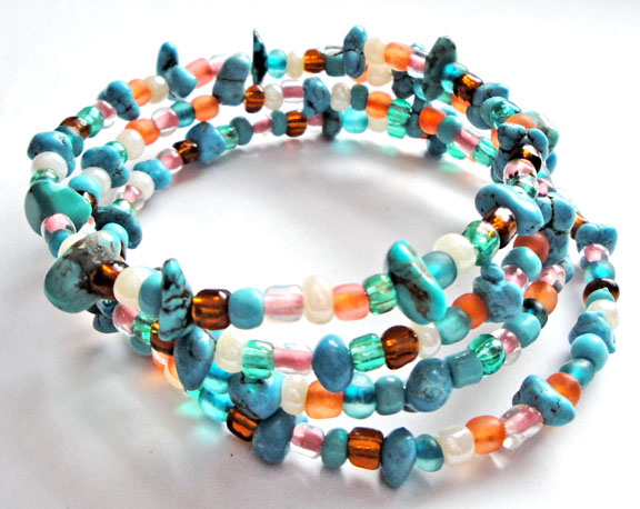 Turquoise Mix Glass Bead Memory Wire Bracelet - Soccer Equipment and Gear